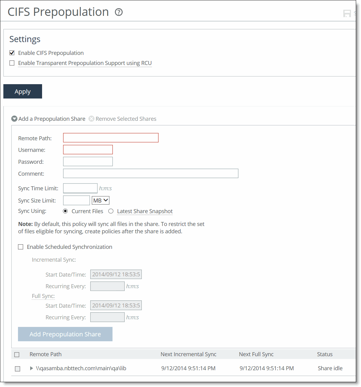 Configuring CIFS prepopulation