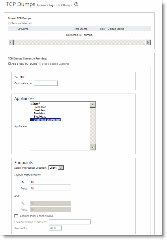 Adding or removing stored TCP trace dumps