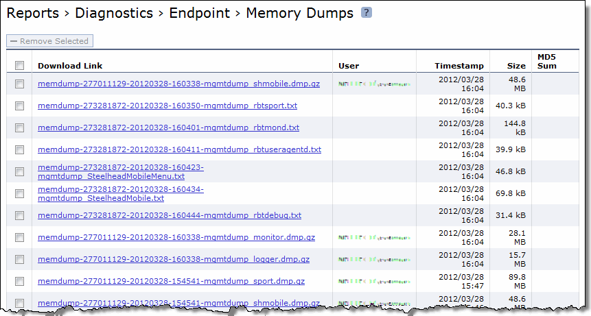 Viewing the memory dumps list